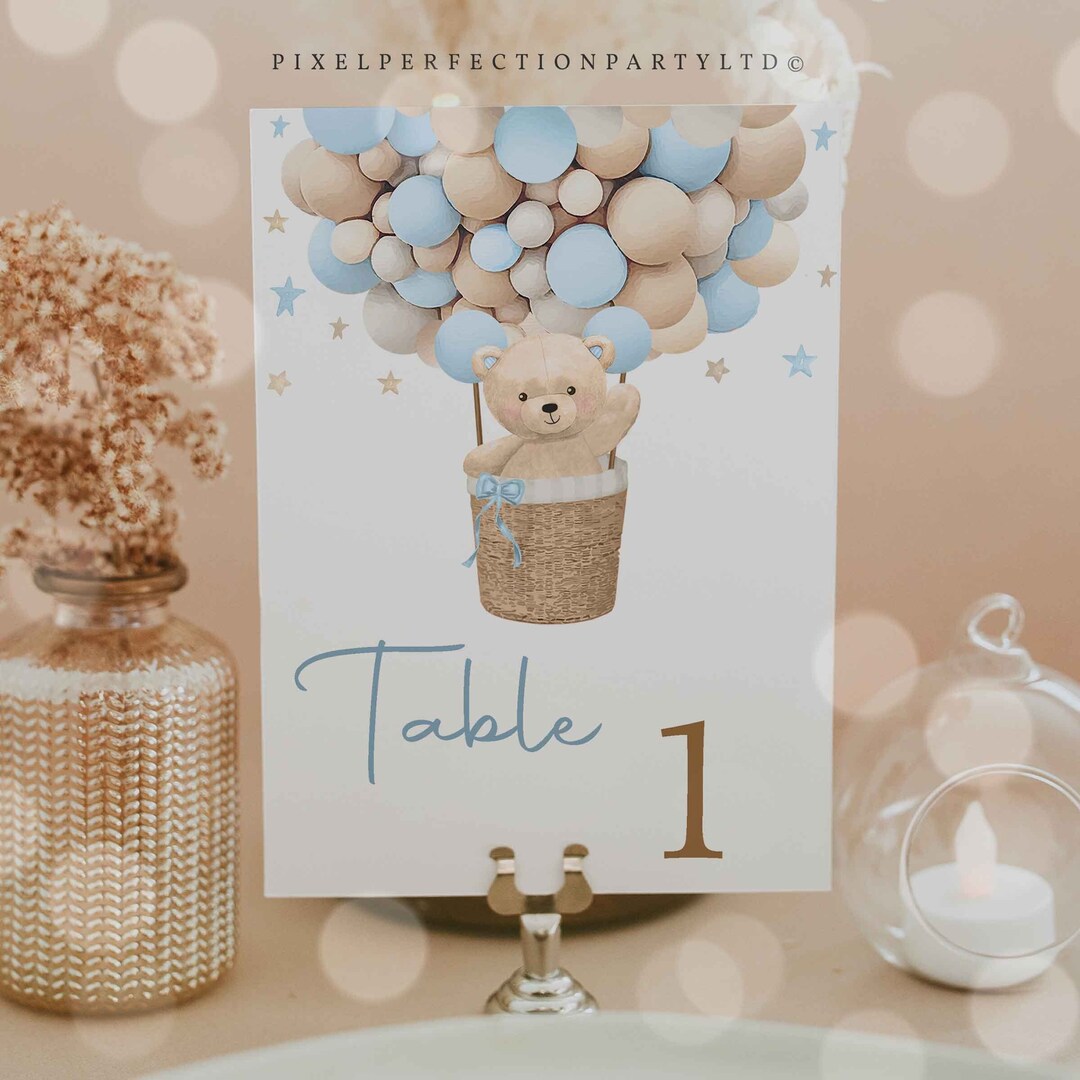 Editable Teddy Bear Hot Air Balloon Baby Shower Table Number Boy Blue Teddy Bear Baby Shower We ...