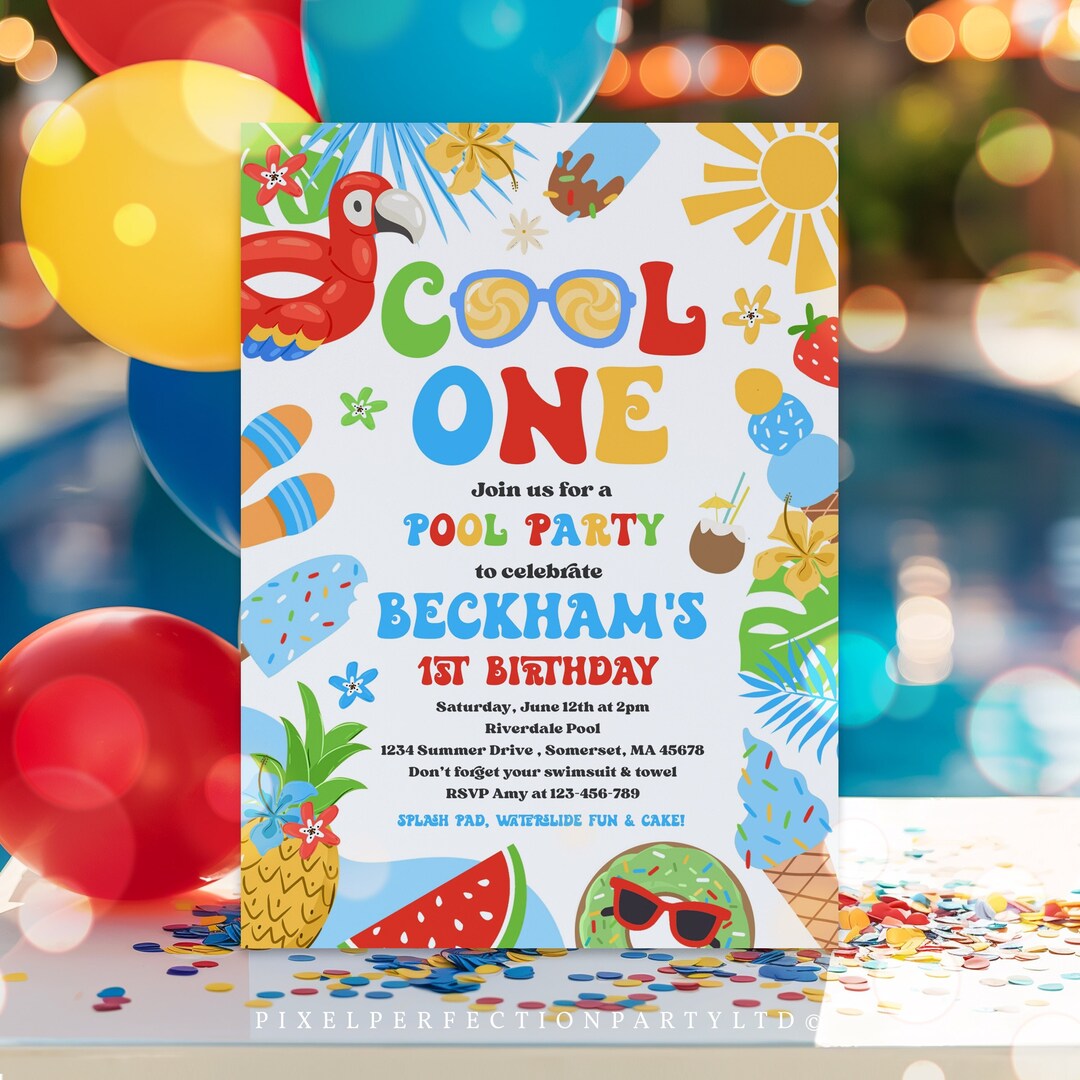 Editable Cool One Birthday Party Invitation Tropical Splish Splash ...