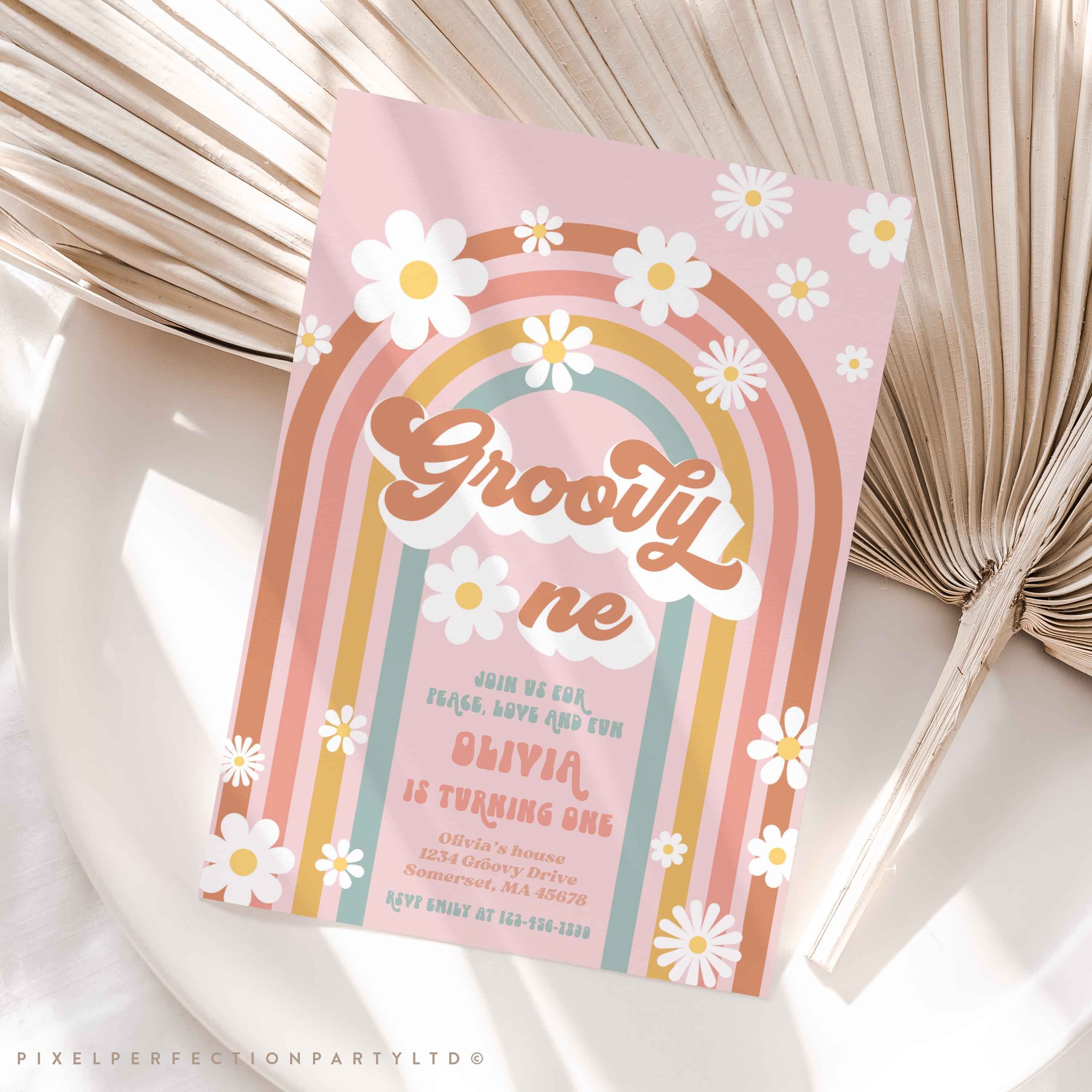 Editable Groovy One Birthday Party Invitation Peace Love Party Groovy ...