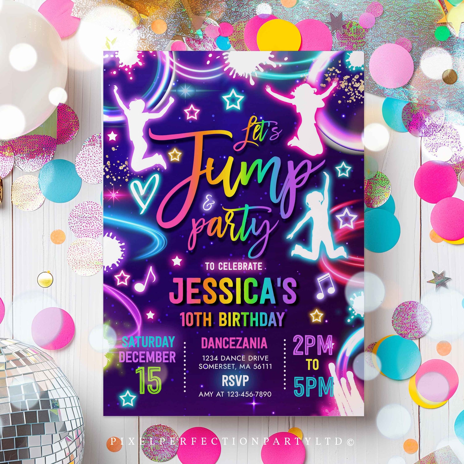 Editable Jump Birthday Party Invitation Neon Glow Jump Birthday Party ...