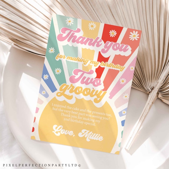 Editable Two Groovy Birthday Thank You Card Retro Sunshine Two Groovy ...