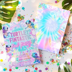 Editable Sea Turtle Pool Party Invitation Tie Dye Neon Glow Turtley ...