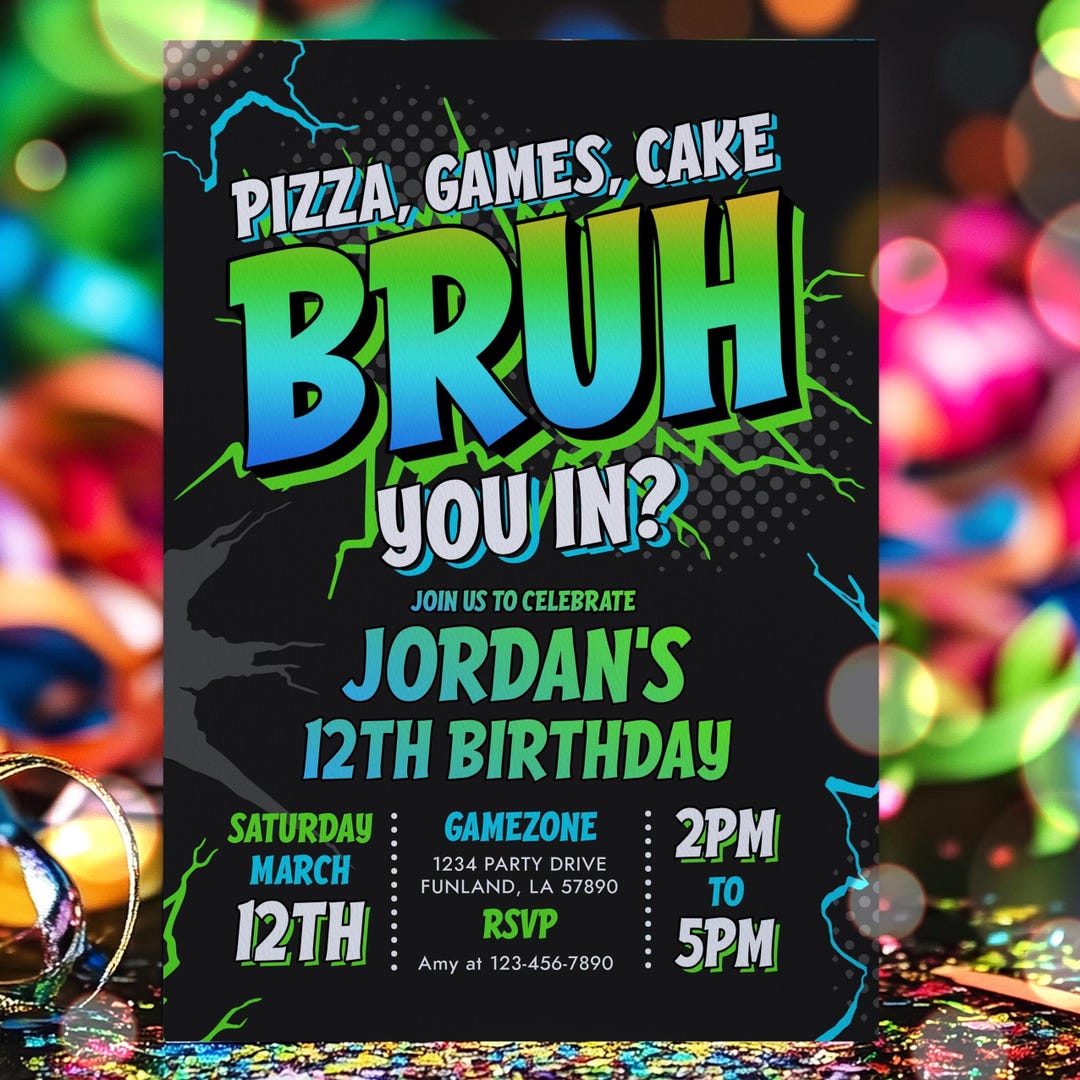Editable Bruh Birthday Party Invitation Teen Boy Neon Birthday Party ...