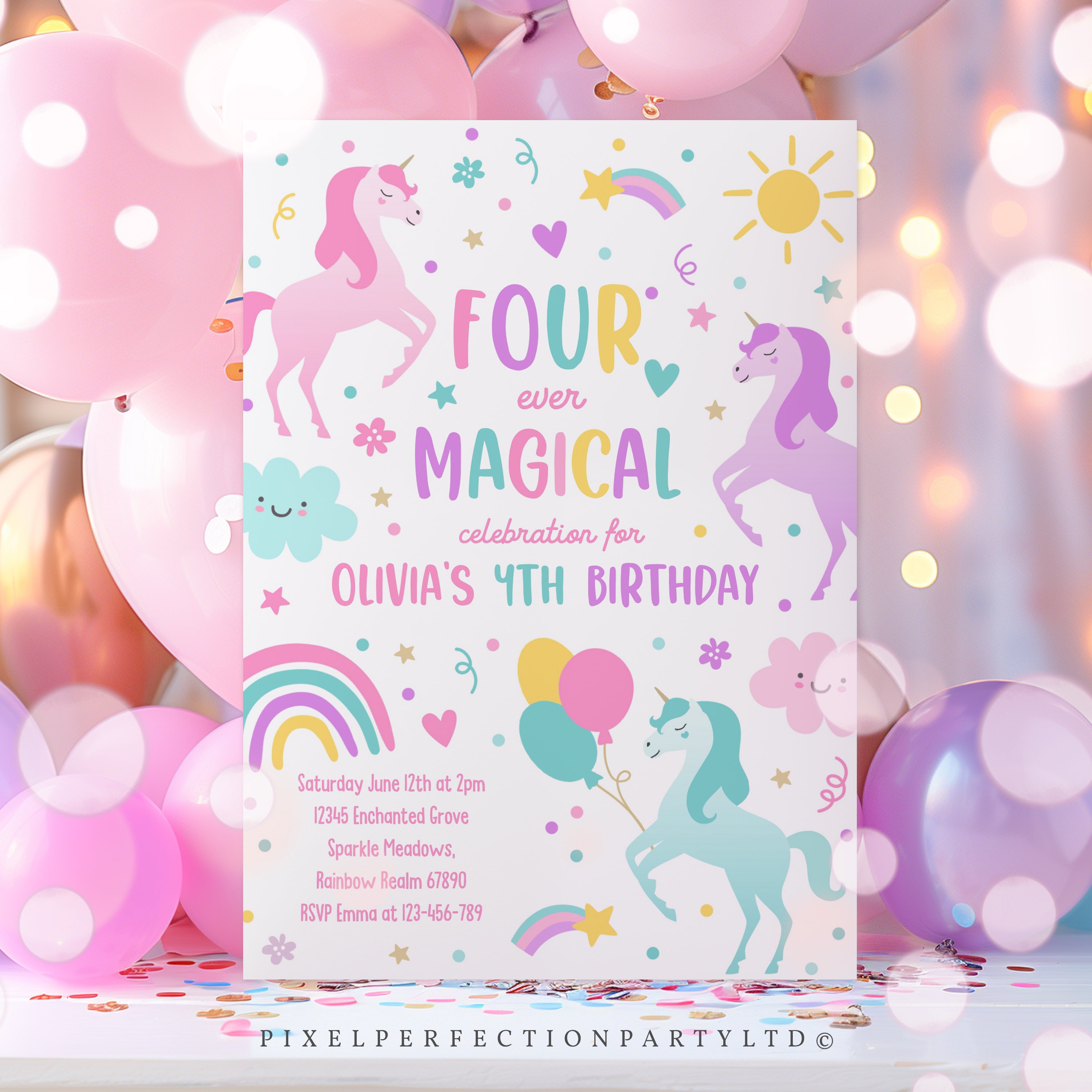 Editable Unicorn Four Ever Magical 4th Party Birthday Invitation ...