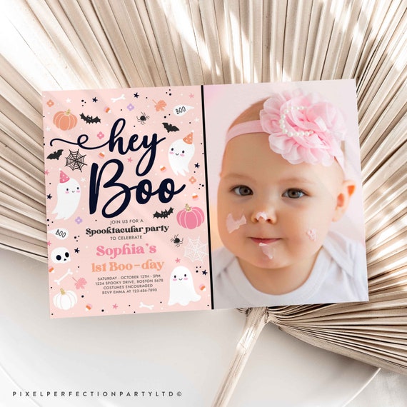 Editable Halloween Pink Ghost Birthday Invitation Hey Boo Girly Cute ...