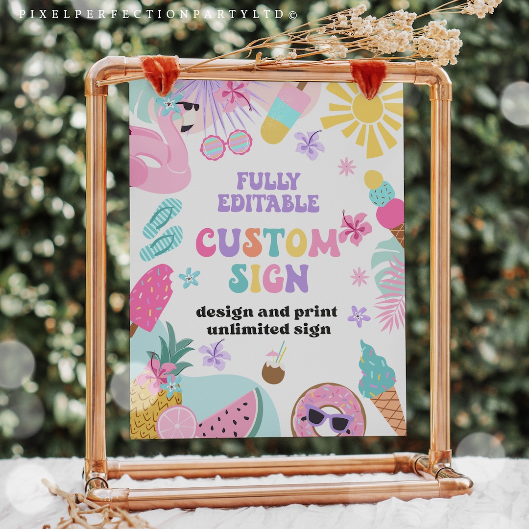 Pool Party Fully Editable Custom Sign Tropical Splish Splash Girly Pool ...