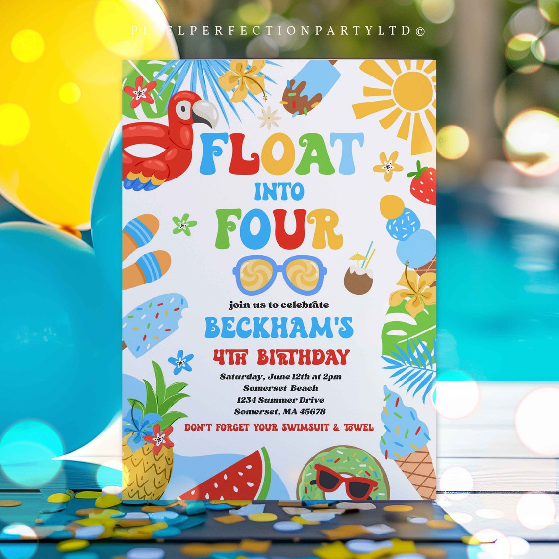 Editable Float Into Four 4th Birthday Pool Party Invitation Tropical ...