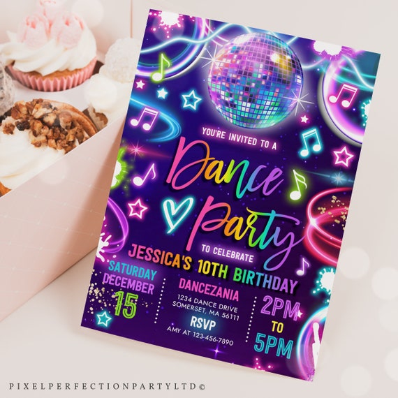 Editable Dance Party Invitation Neon Glow Dance Party Invitation Neon ...