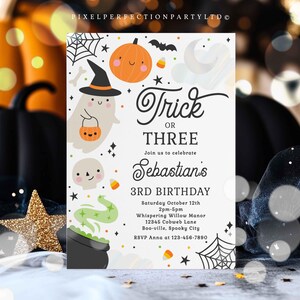 Editable Trick or Three Halloween Ghost 3rd Birthday Party Invitation ...