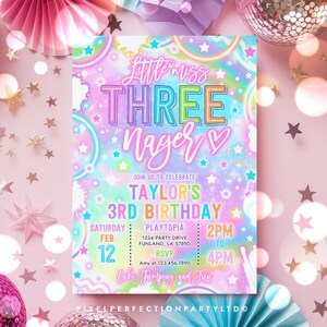 Editable Little Miss Three-nager 3rd Birthday Party Invitation Neon ...