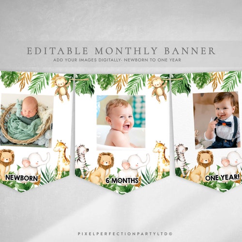 Editable Safari Animal Wild One Monthly Photo Banner Safari - Etsy