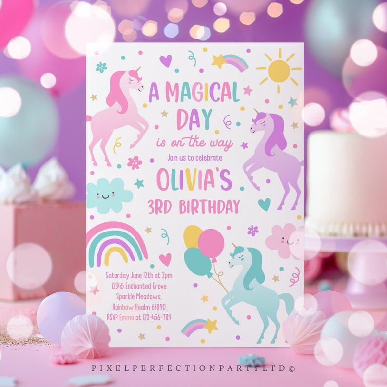 Editable Unicorn Birthday Invitation Magical Pastel Rainbow Unicorn ...