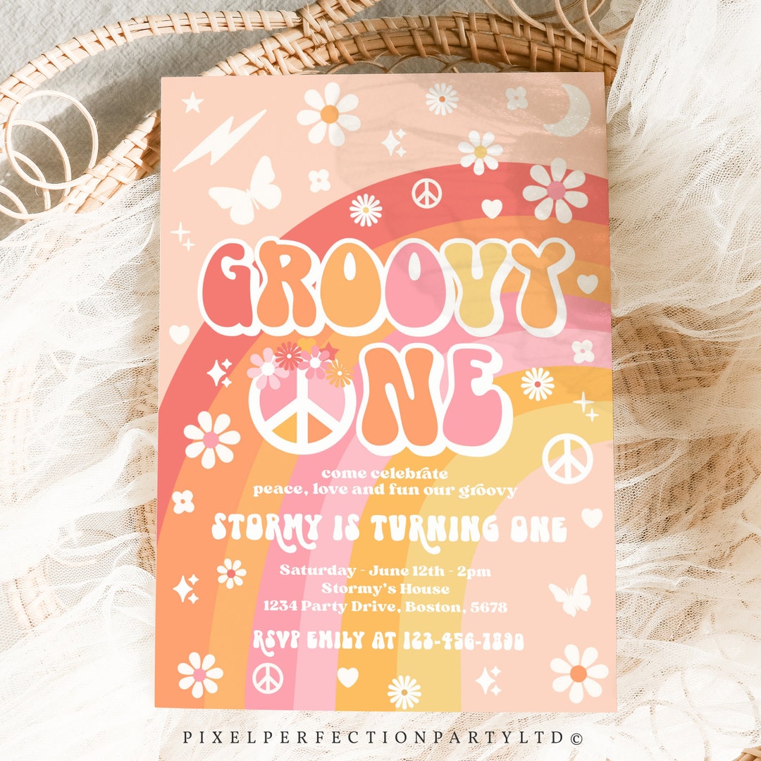 Editable Groovy One Birthday Party Invitation Peace Love Party - Etsy