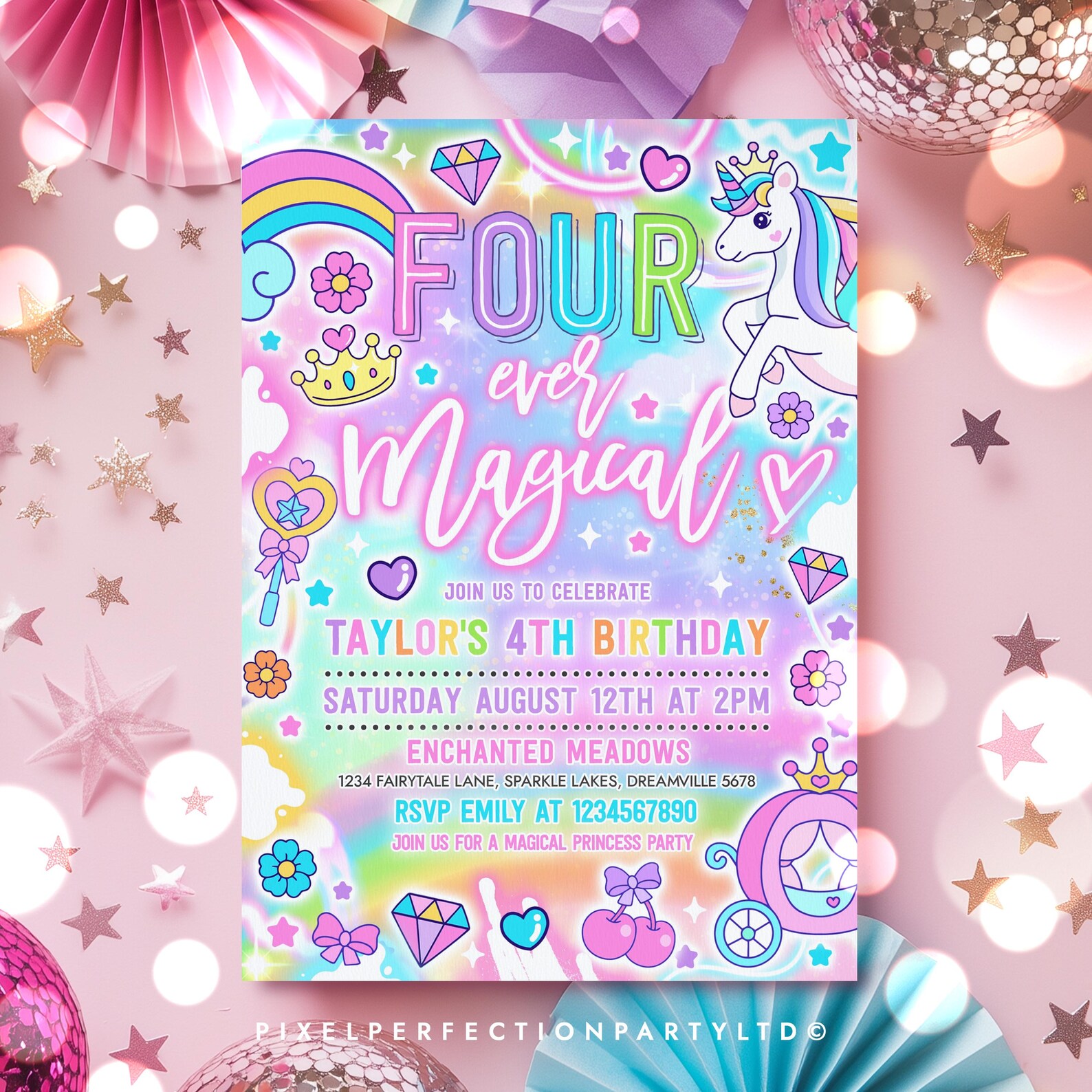 Editable Four Ever Magical Princess 4th Birthday Party Invitation Neon ...