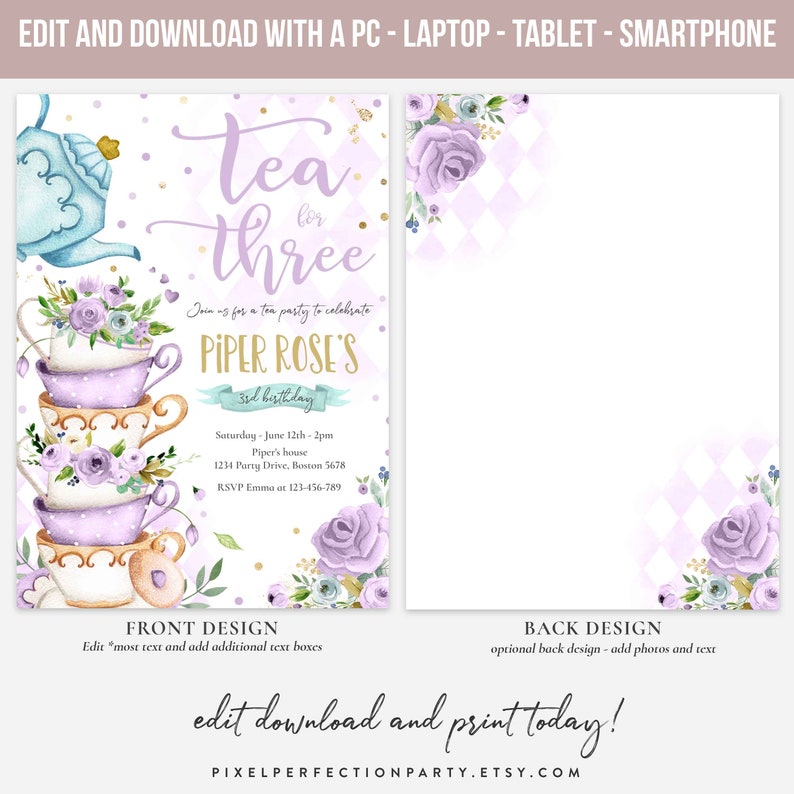 Editable Tea for Three Birthday Invitation Tea for Three 3rd Birthday ...