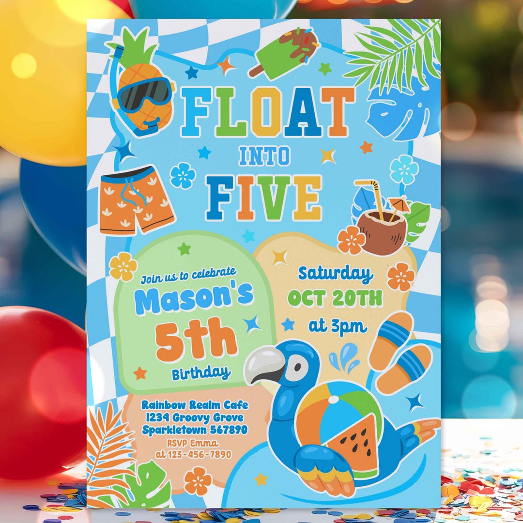 Editable Tropical Splish Splash 5th Birthday Pool Party Invitation ...