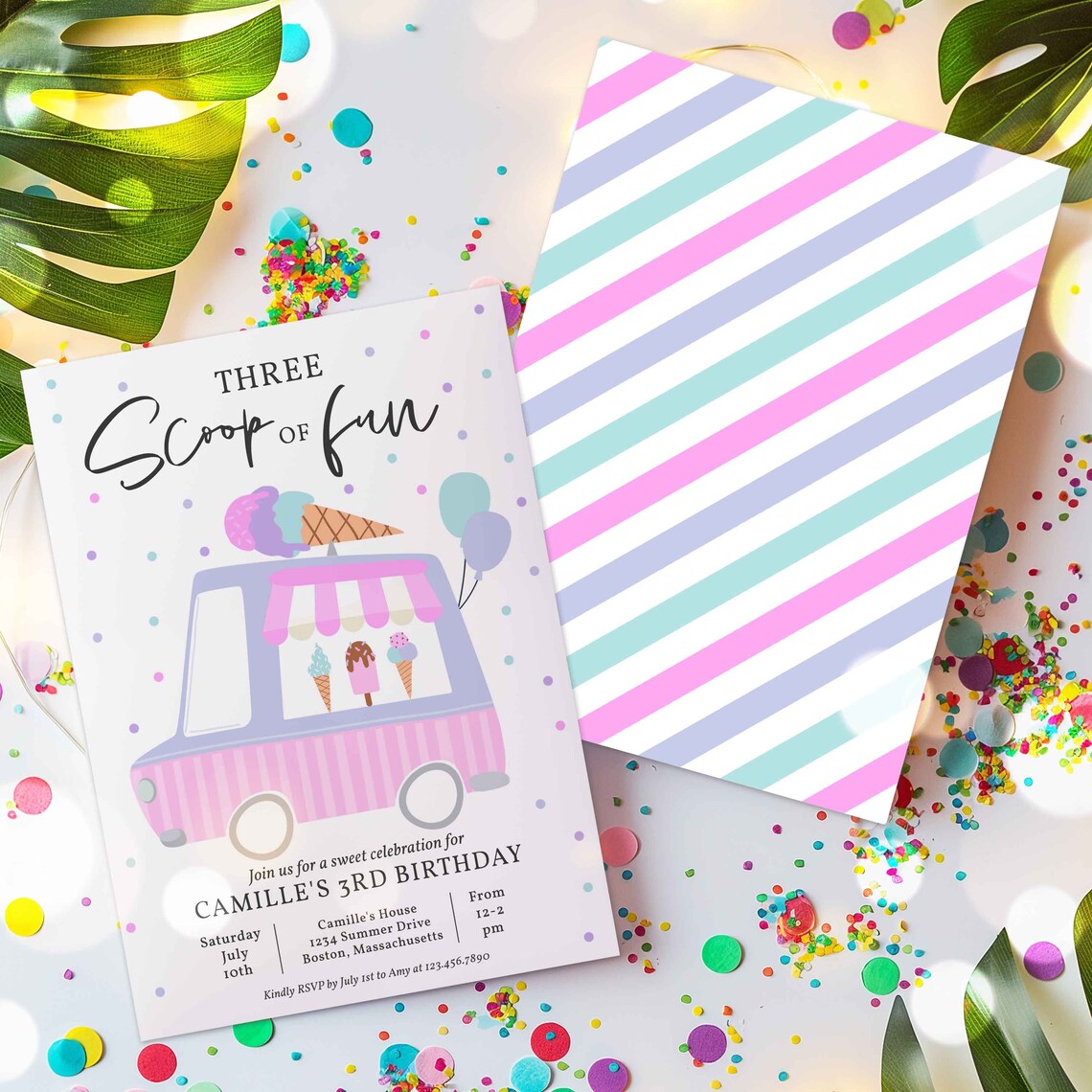 Editable Three Scoops of Fun Ice Cream Birthday Party Invitation Ice ...