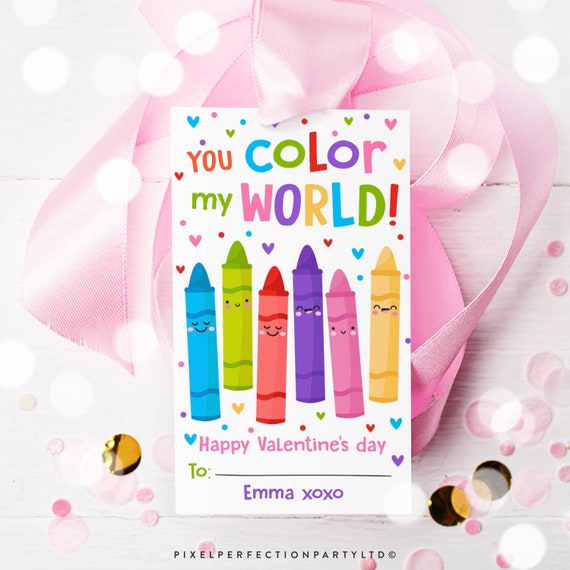 Editable Valentine Crayon You Color My World Gift Tag Valentine's Day ...