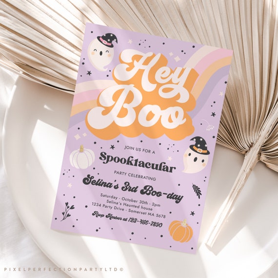 Editable Halloween Ghost Birthday Invitation Girly Cute Retro Spooky ...
