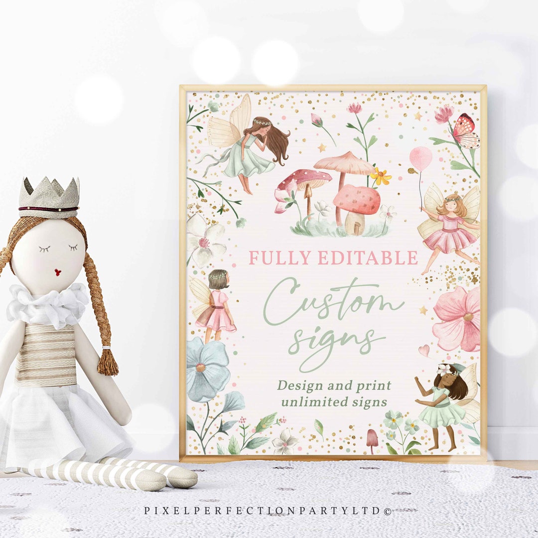 Editable Fairy Birthday Party Fully Editable Custom Sign Enchanted ...