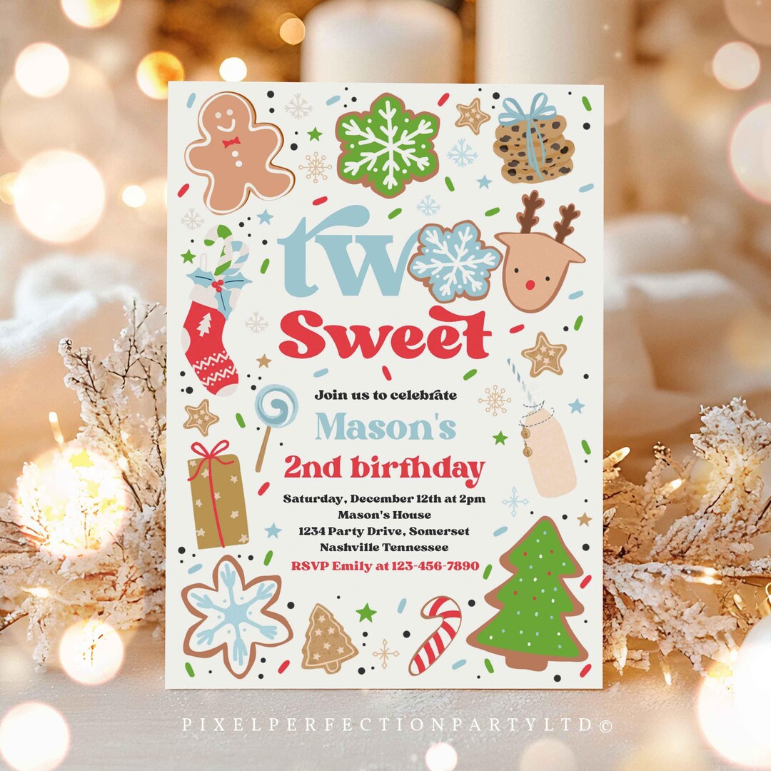 Editable Christmas Birthday Invitation Holiday Cookie Party 2nd ...
