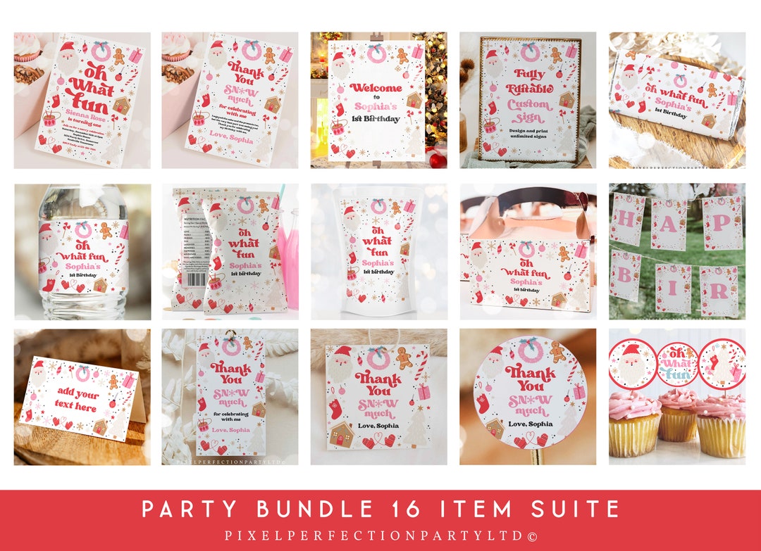 Editable Christmas Oh What Fun Birthday Party Invitation Bundle Red and ...