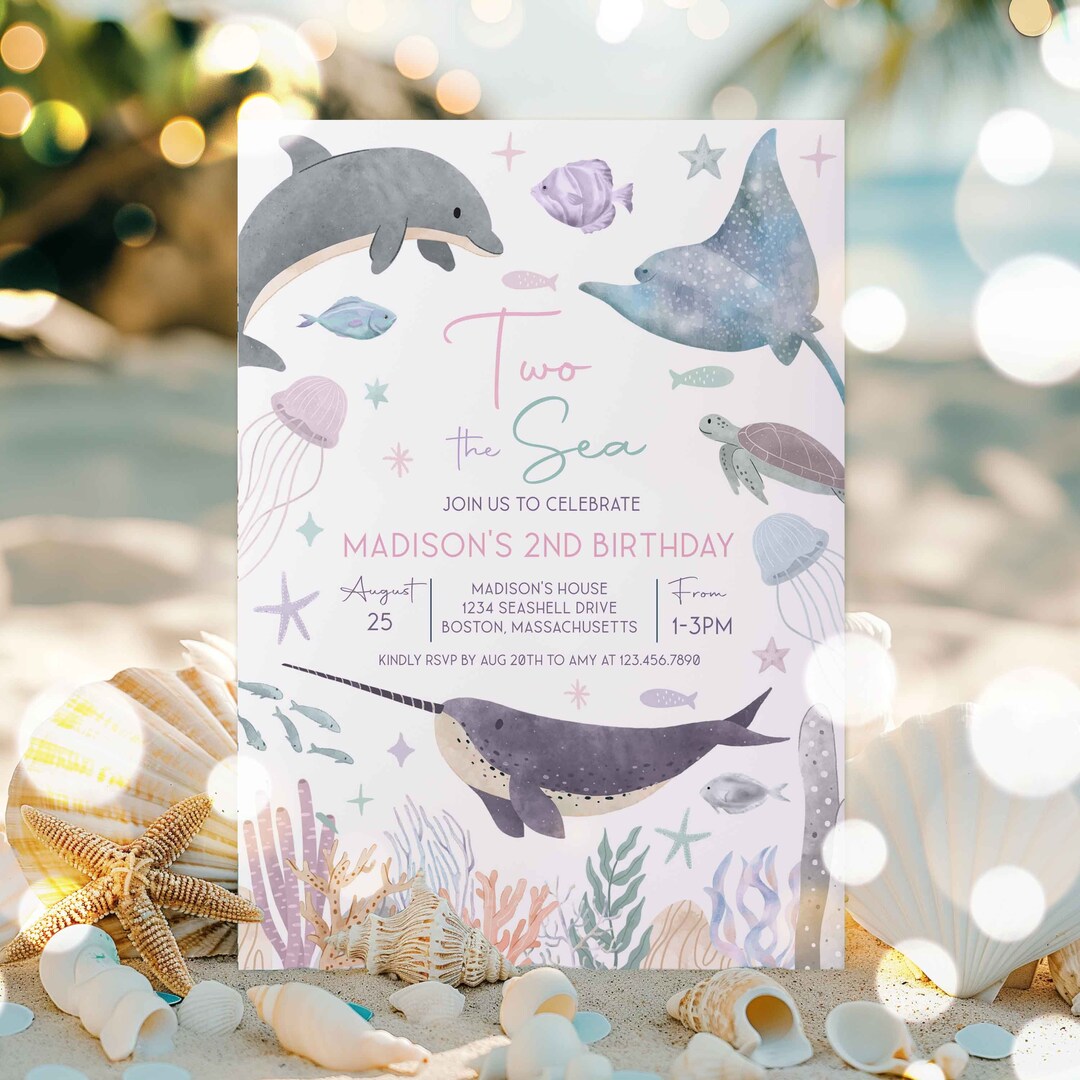 Editable Two the Sea 2nd Birthday Party Invitation Girl Whale Turtle ...