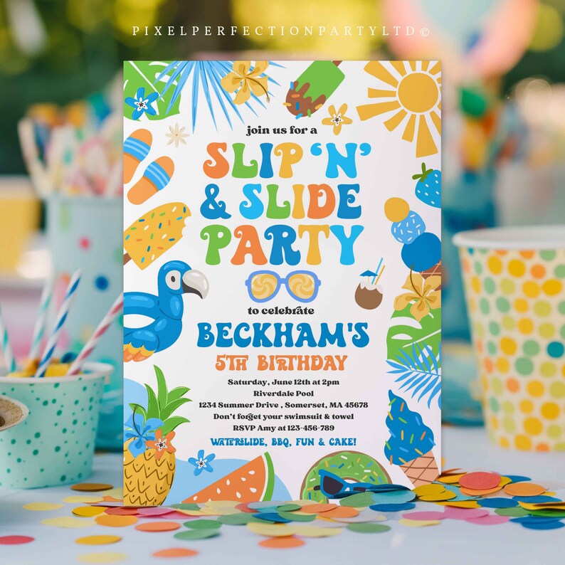 Editable Slip ’N’ Slide Birthday Party Invitation Tropical Splish ...