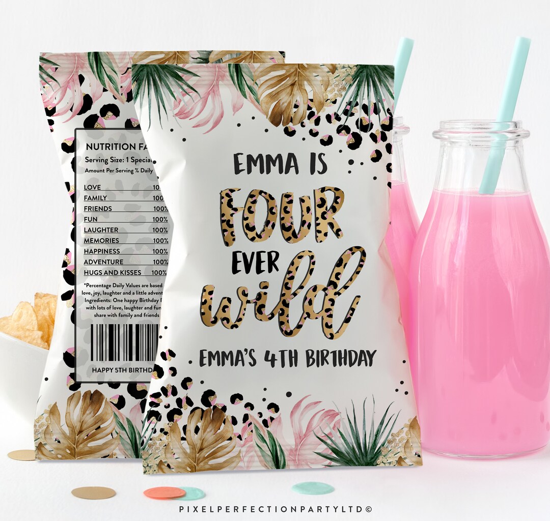 Editable Leopard Print Party Chip Bag Wrappers Jungle Chip Bag Favors ...