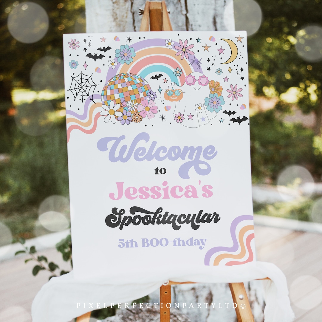Editable Spooky Halloween Ghost Birthday Party Welcome Sign Groovy ...