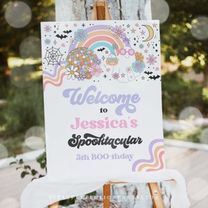 Editable Spooky Halloween Ghost Birthday Party Welcome Sign Groovy ...