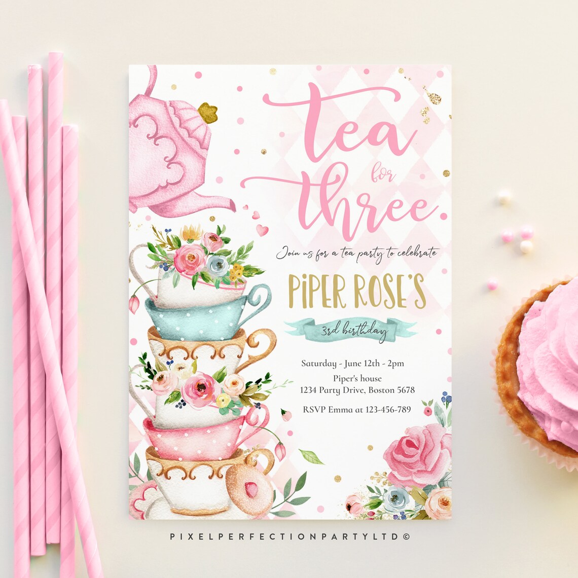 Editable Tea for Three Birthday Invitation Tea for Three 3rd - Etsy