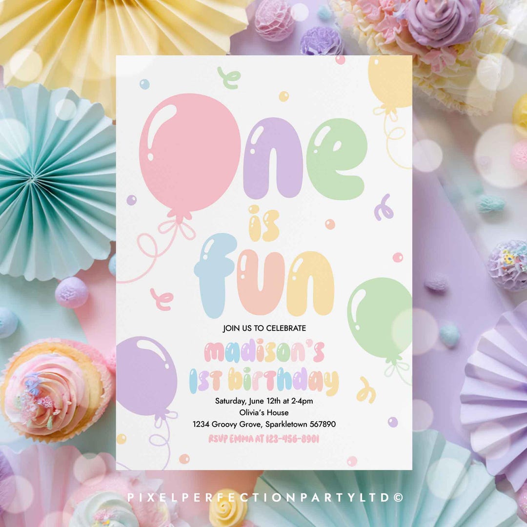 Editable One is Fun 1st Birthday Party Invitation Balloon Birthday ...
