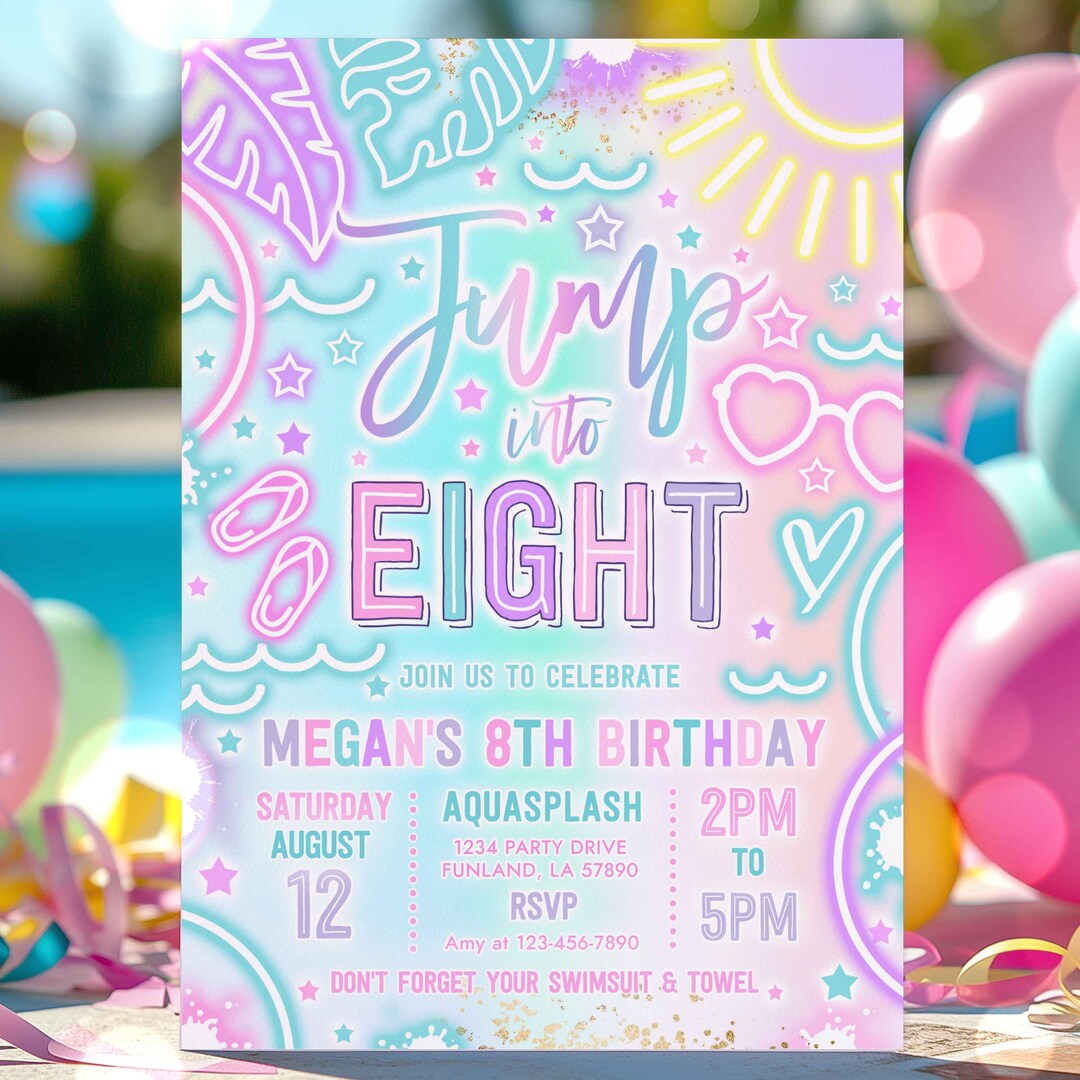Editable Pastel Glow Jump Into Eight Pool Party Birthday Invitation ...