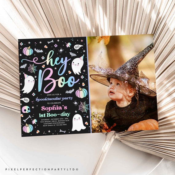 Editable Halloween Pastel Ghost Birthday Invitation Hey Boo Girly Cute ...