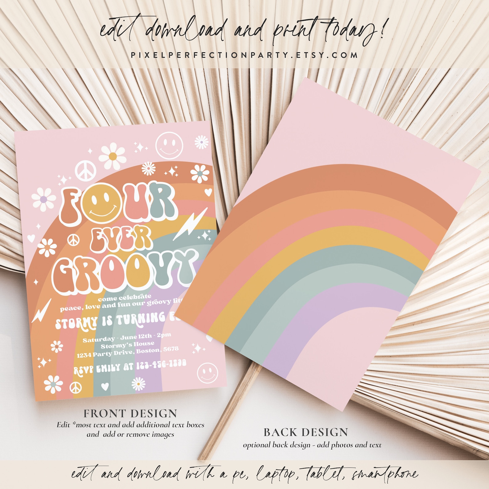 Editable Four Ever Groovy Birthday Party Invitation Peace Love | Etsy