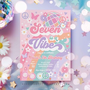 Editable Seven is A Vibe 7th Birthday Party Invitation Rainbow Sunshine ...