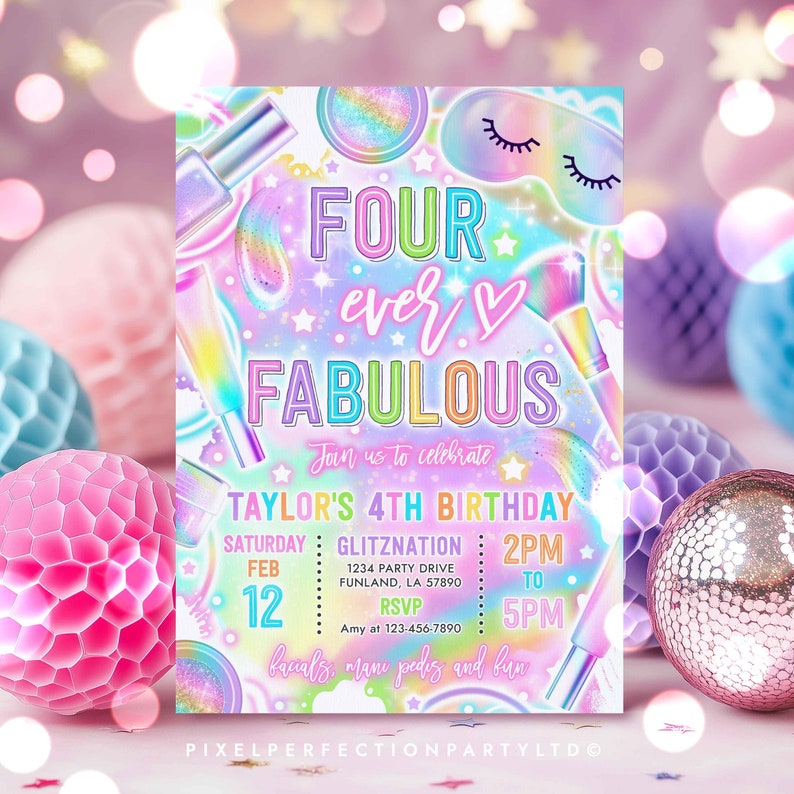 Editable Four and Fabulous Birthday Party Invitation Girly Glam 4th ...