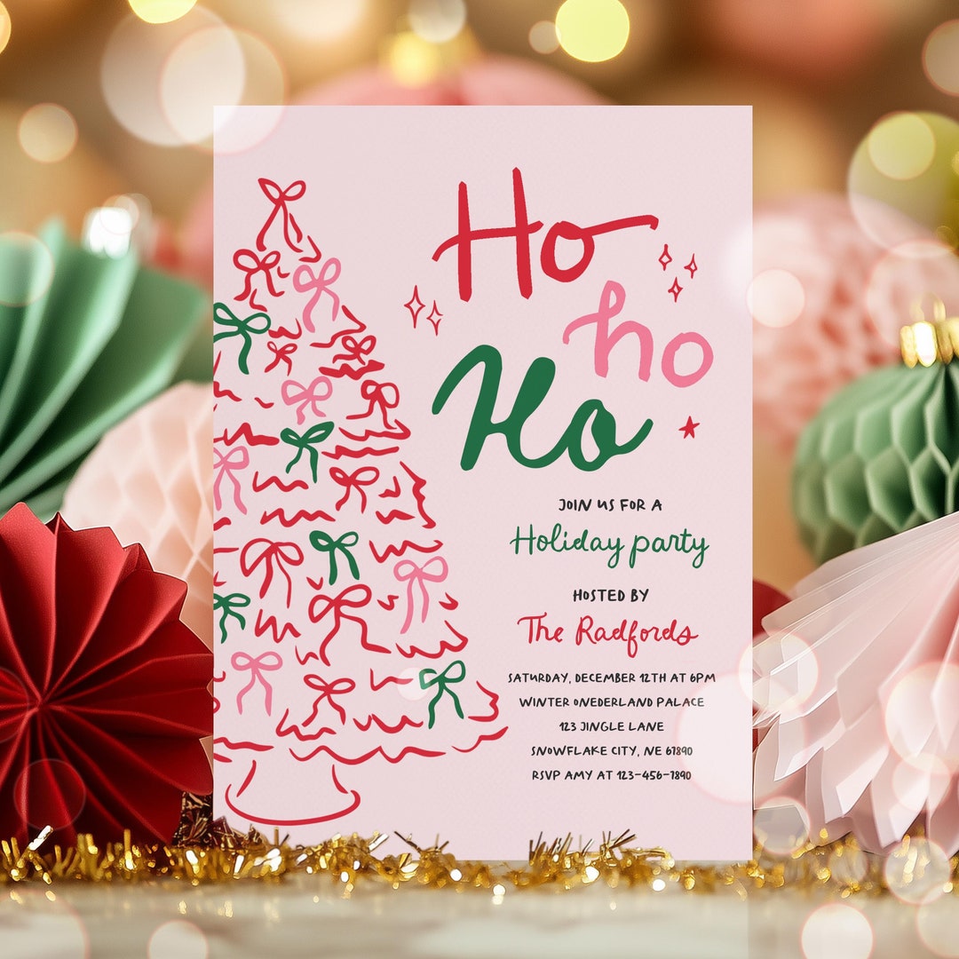 Editable Ho Ho Ho Christmas Party Invitation Pink & Red Christmas Tree ...