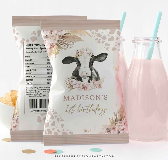 Editable Cow Birthday Party Chip Bag Labels Holy Cow Birthday Decor ...