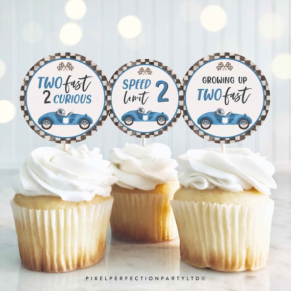 Two Fast Birthday Cupcake Toppers Blue Race Car Cake Topper Tags Label ...