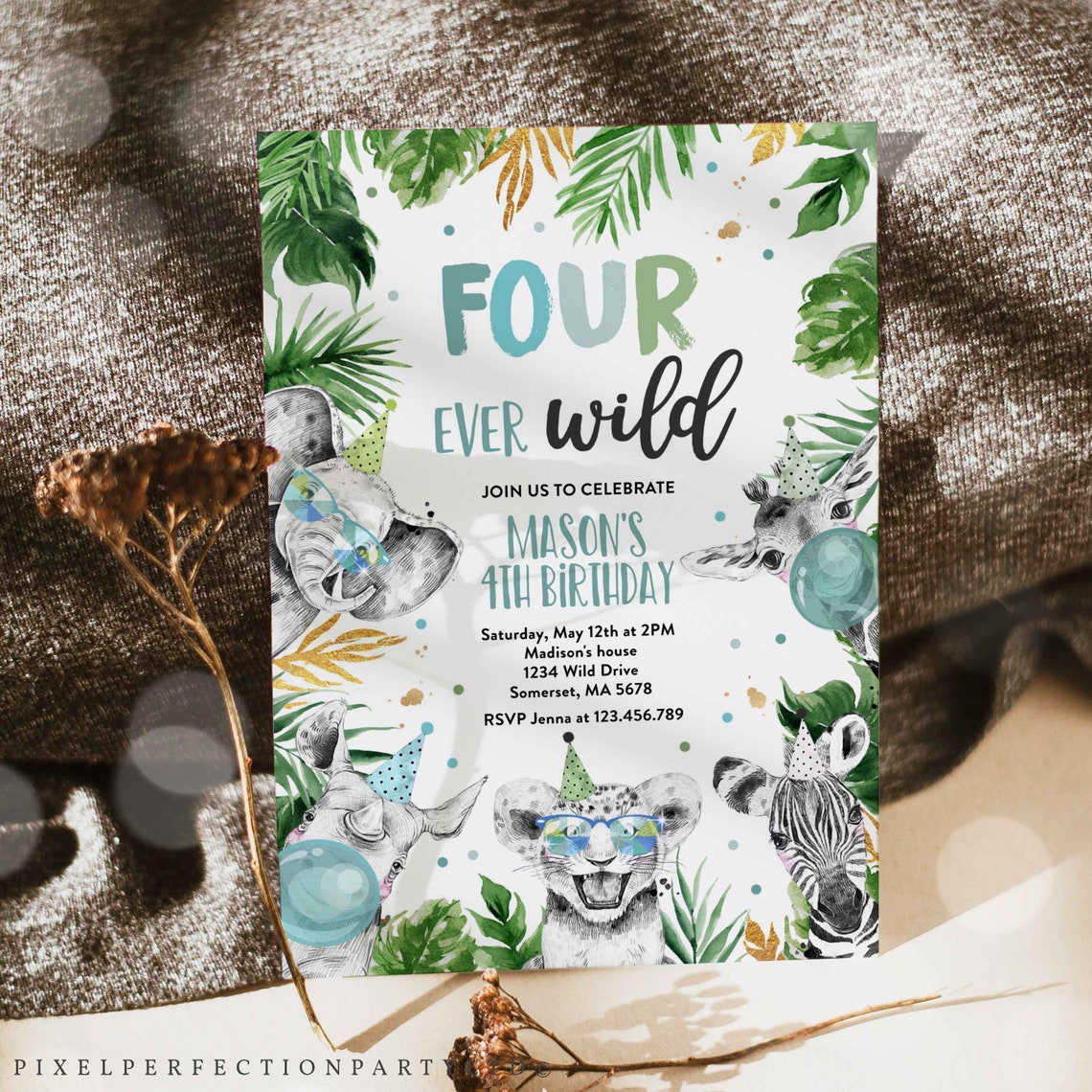 Editable Four Ever Wild Birthday Invitation Safari Animals Fourever ...