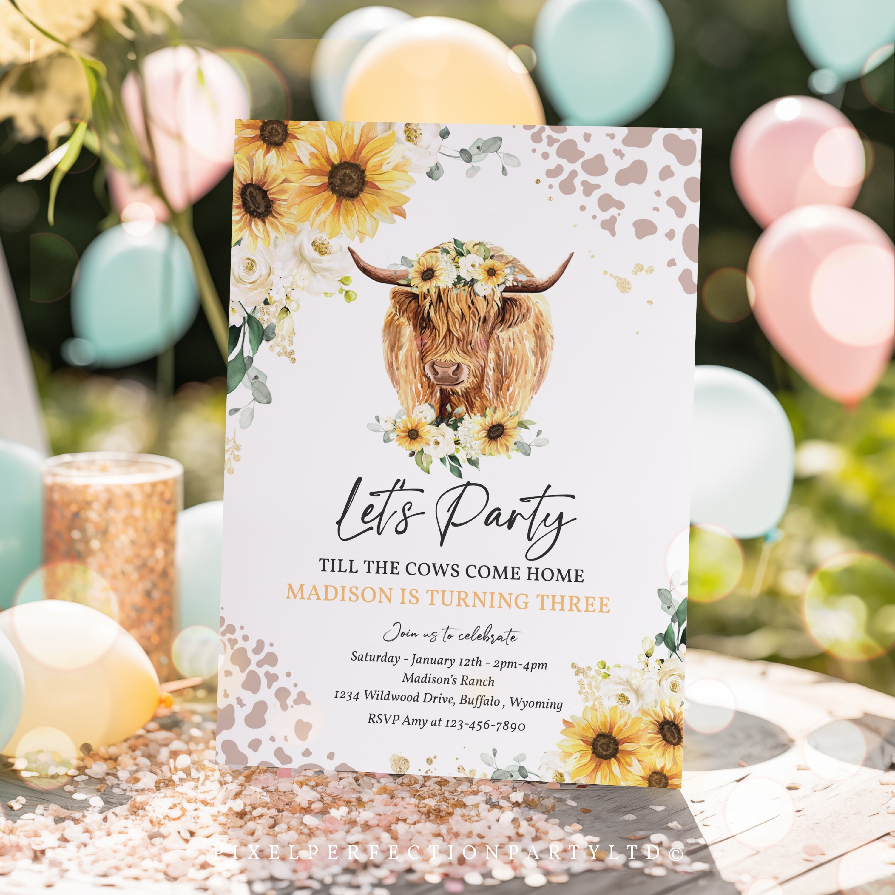 Editable Sunflower Cow Birthday Party Invitation Let's Party Till the ...