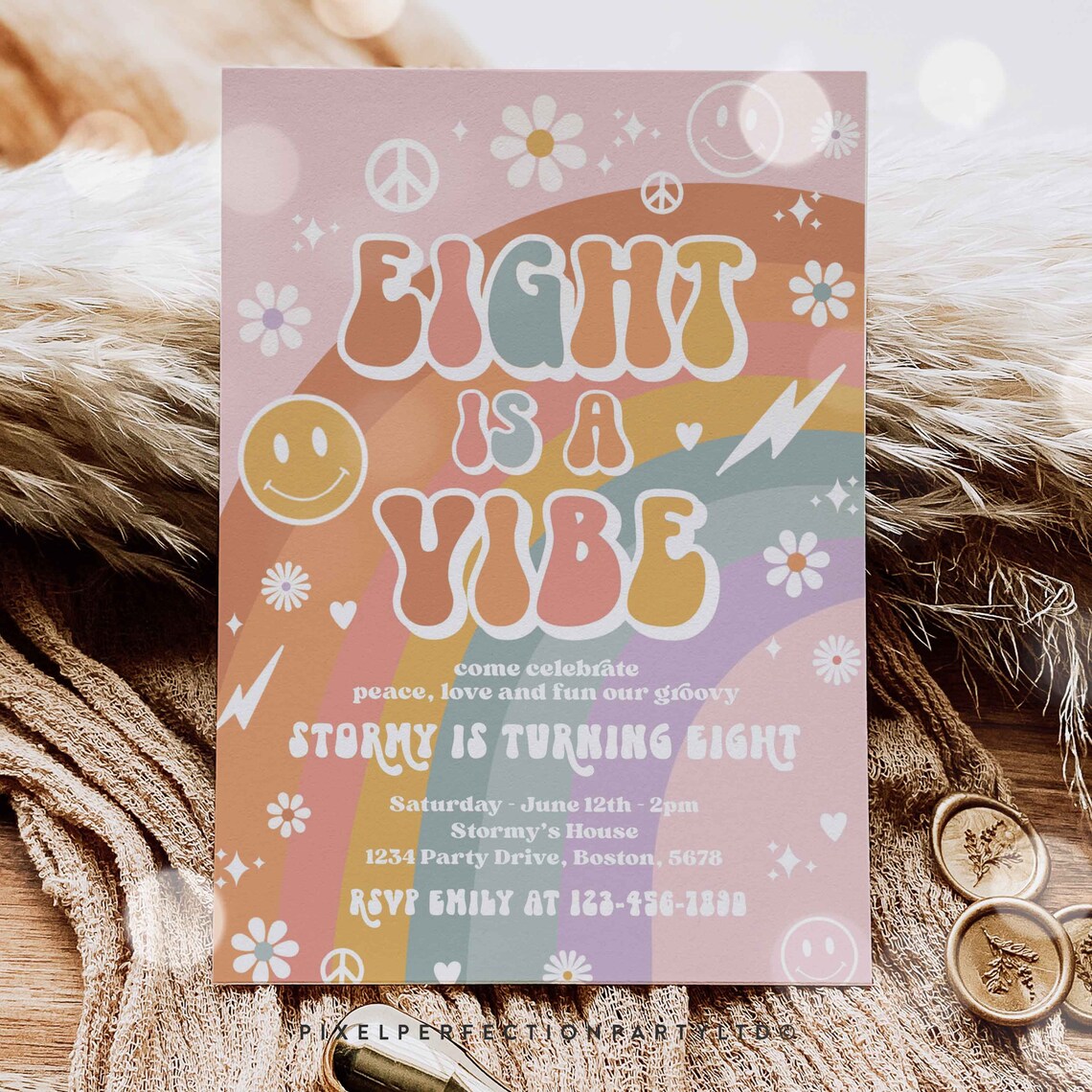 Editable Eight is A Vibe Groovy Birthday Party Invitation - Etsy