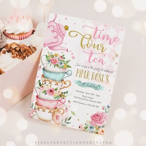 Editable Tea Party Birthday Invitation Time Four Tea 4th Birthday Party ...