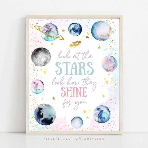 Outer Space Birthday Party Sign Pink Girly Watercolor Outer Space Party ...