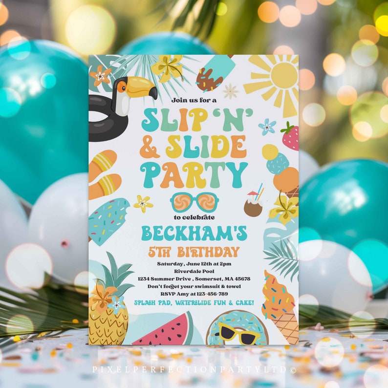 Editable Slip ’N’ Slide Birthday Party Invitation Tropical Splish ...
