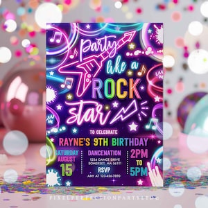 Editable Rock Star Birthday Party Invitation Neon Glow Party Like A ...
