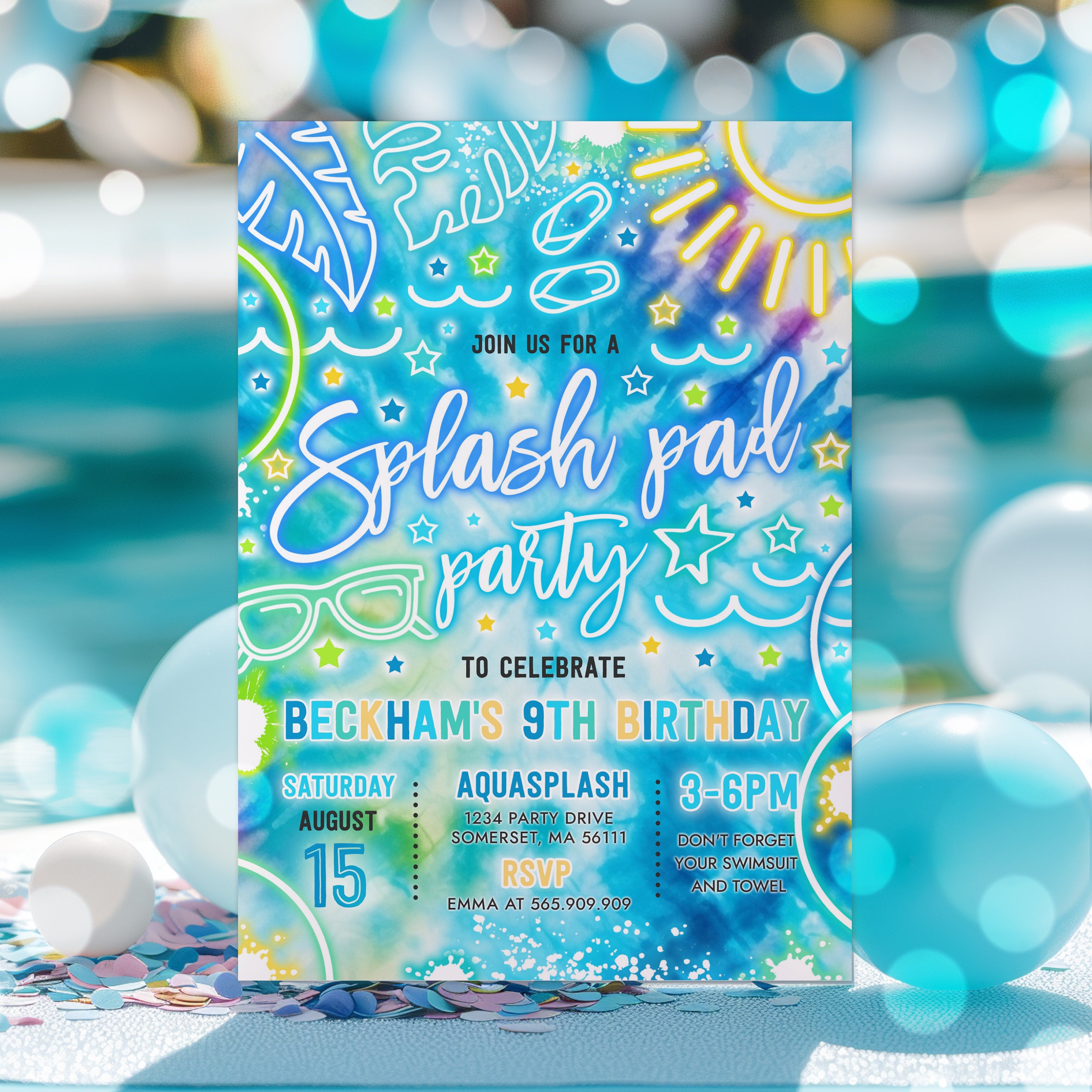 Editable Splash Pad Birthday Party Invitation Glow Neon Tie Dye Summer ...