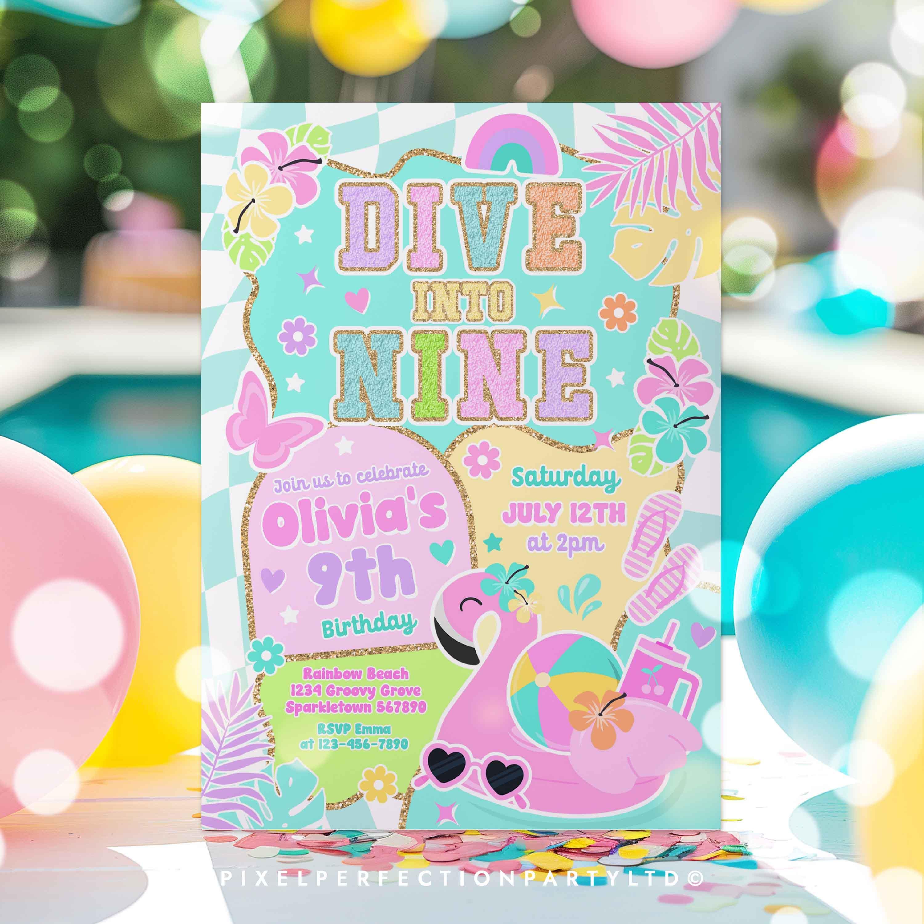 Editable Preppy 9th Birthday Pool Party Invitation Varsity Girl Fashion ...